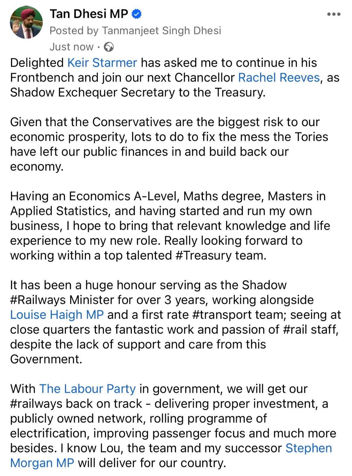 Tan Dhesi MP appointed as Shadow Treasury Minister – Des Pardes Weekly